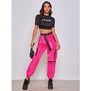 MakeMeChic Women's Casual Plain Mid Waist Utility Cargo Pants Jogger Pants with Belt Hot Pink XL