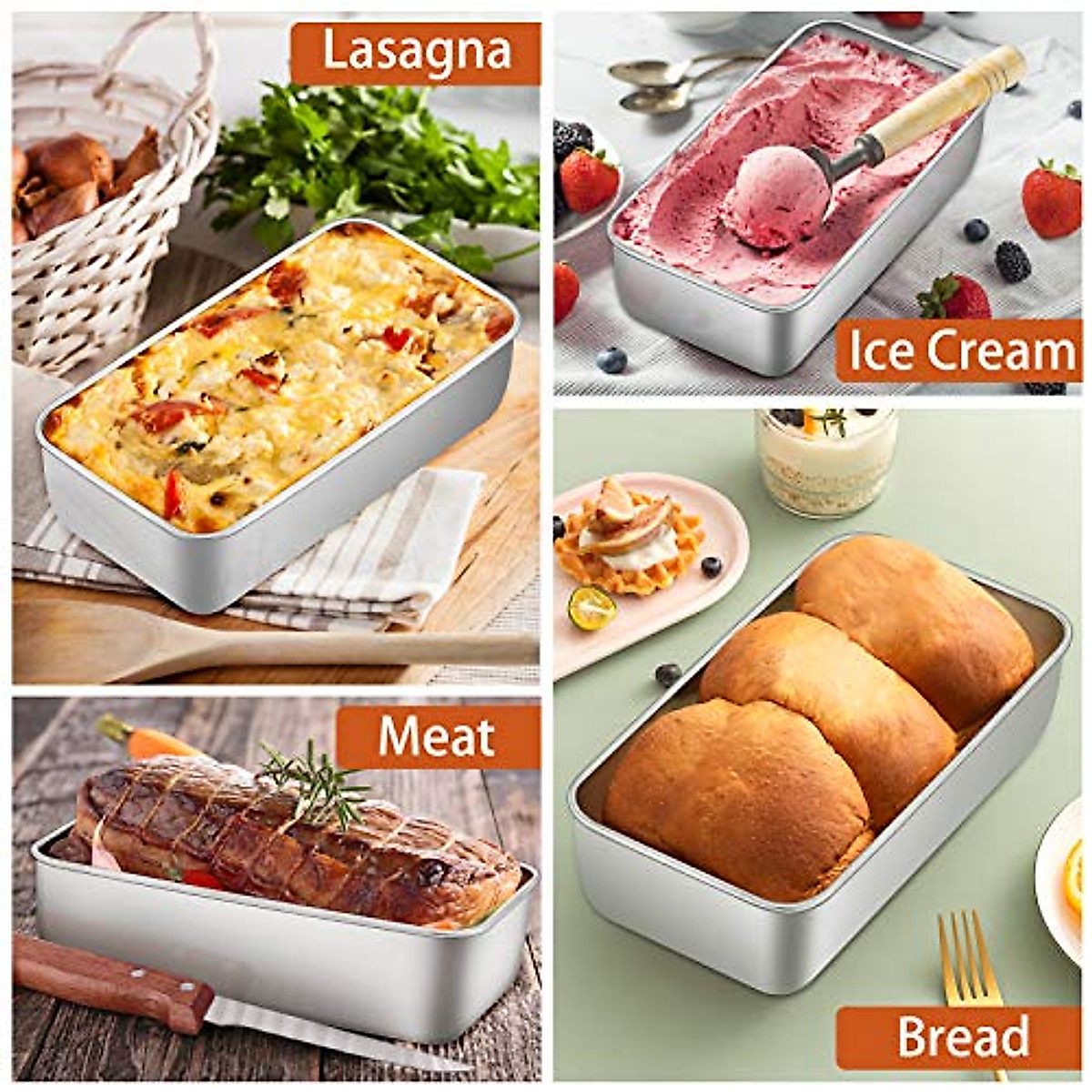 P&P CHEF Loaf Pan Set of 2, 9-inch Bread Pans, Stainless Steel Loaf Toast Baking Pans For Bread Meatloaf Lasagna Cake, Healthy & Non Toxic,Deep Side & Smooth Roll, Oven & Dishwasher Safe