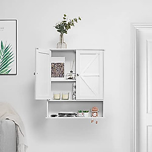 Reettic Two Door Wall Cabinet, Wooden Medicine Cabinet, Wall Mounted Bathroom Storage Cabinet with Inner Adjustable Shelf, for Bathroom, Kitchen, Entryway, White BMGZ103W