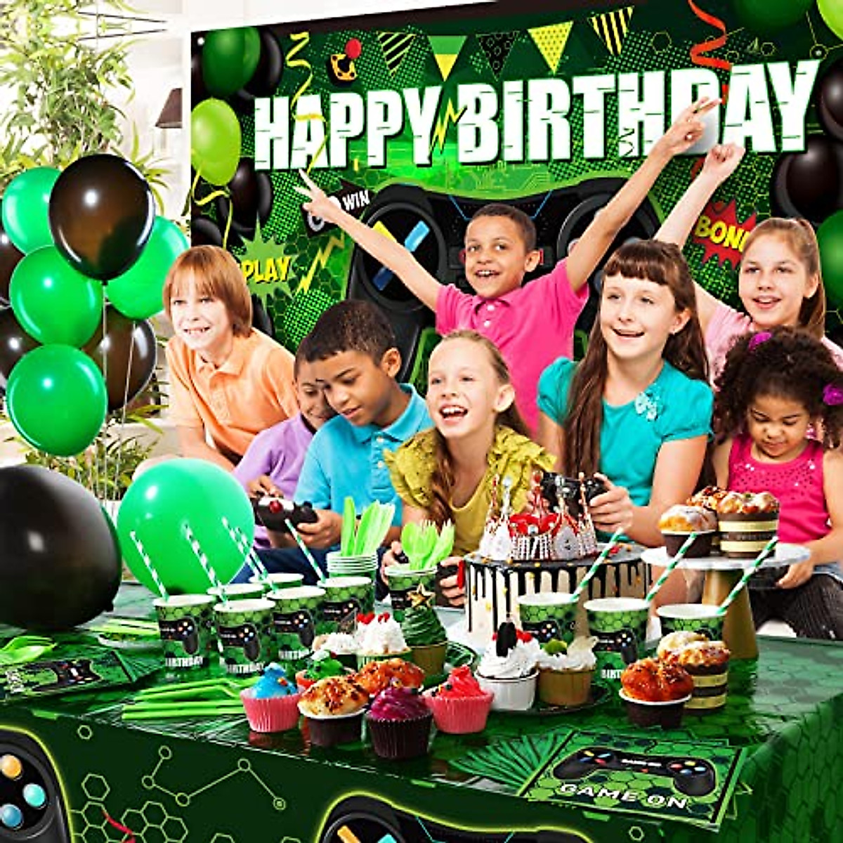 152 Pieces Video Game Birthday Party Supplies Gamer Party Table Cover Happy Birthday Gaming Backdrop Banner Video Game Theme Tableware Sets and Gaming Balloons for Boys Men Birthday Party Decor