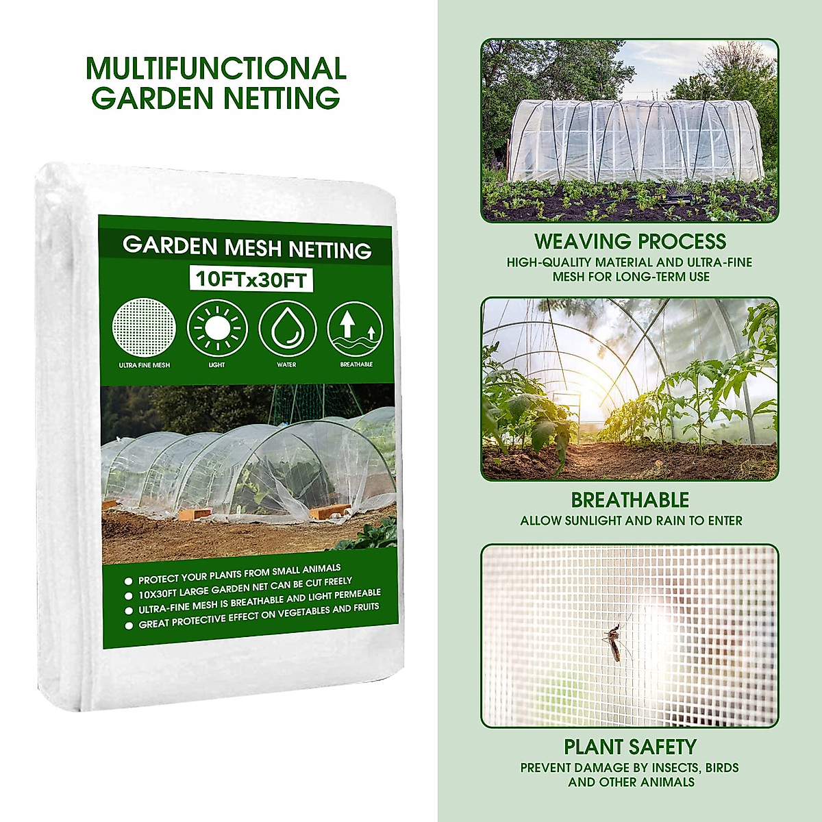 Garden Mesh Netting Kit, Plant Covers 10x30ft Ultra Fine Mesh Netting with 6 Sets Garden Hoops ＆12 Clips, Bird Netting Protection for Fruit Vegetable Flowers Animals Greenhouse Cover