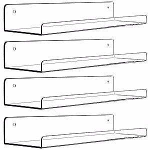 Cerpourt Acrylic Floating Wall Ledge Shelf, Wall Mounted Nursery Kids Bookshelf, Invisible Spice Rack, Clear Bathroom Storage Shelves Display,Acrylic 15" Invisible Bookshelf, Set of 4