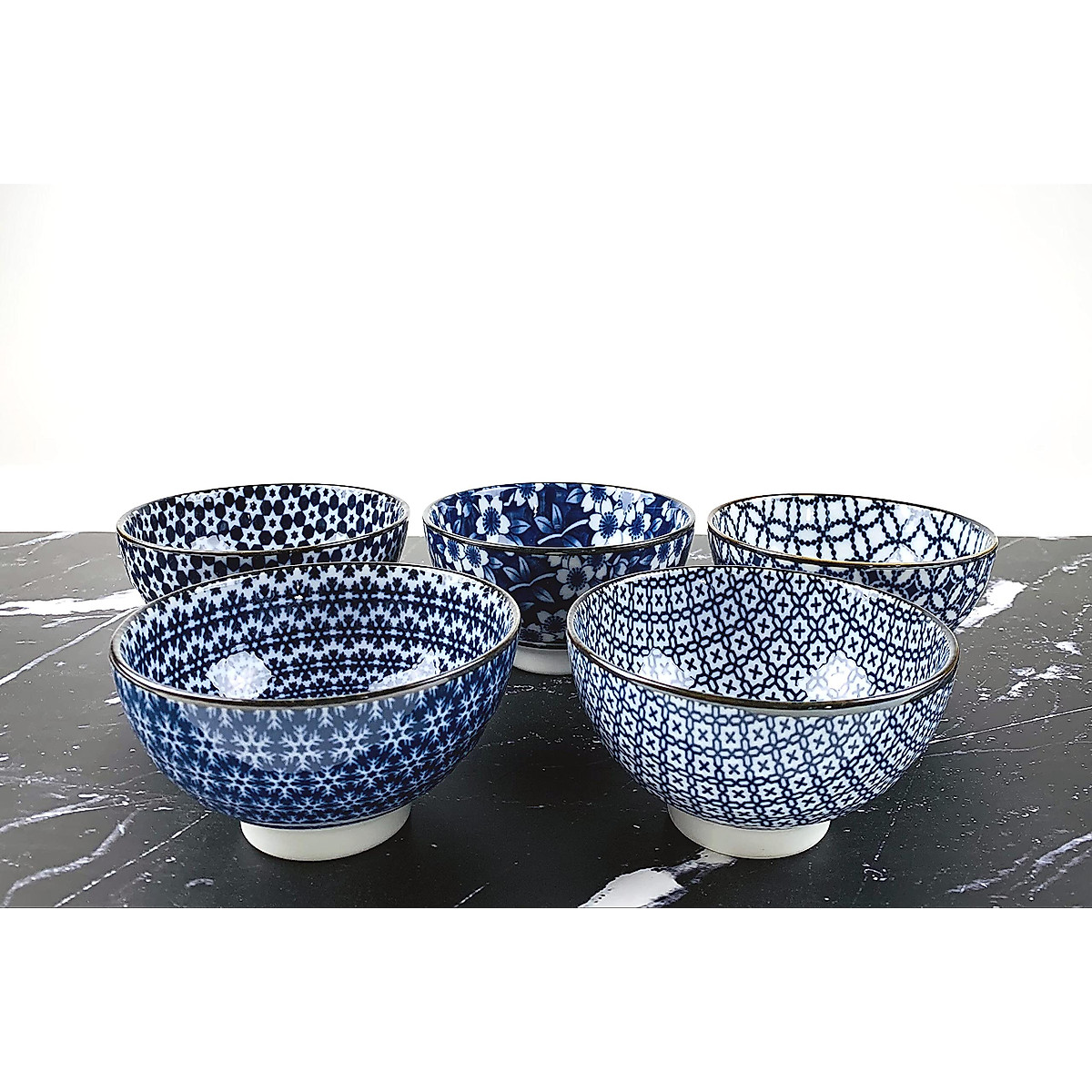 JapanBargain 4686, Japanese Porcelain Rice Bowls Gift Set, Traditional Japanese Inspired Pattern Miso Soup Bowls, Blue Color Salad, Set of 5, Made in Japan