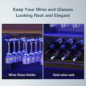 Zarler Bar Table Cabinet with Power Outlet and Light, LED Wine Bar Stand for Liquor and Glasses, Metal Home Mini Bar with 4-Tier Storage (Dark Grey), 13.4″D x 47″ W x 29.5″H, WBC001