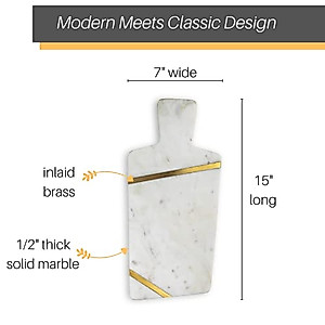 Cork & Mill Marble Cheese Board - Handcrafted Marble and Brass Charcuterie Board - Modern Decorative Kitchen Serving Platter - White Marble Cheese Tray with Gold Brass Accents - 15" Long Serving Board