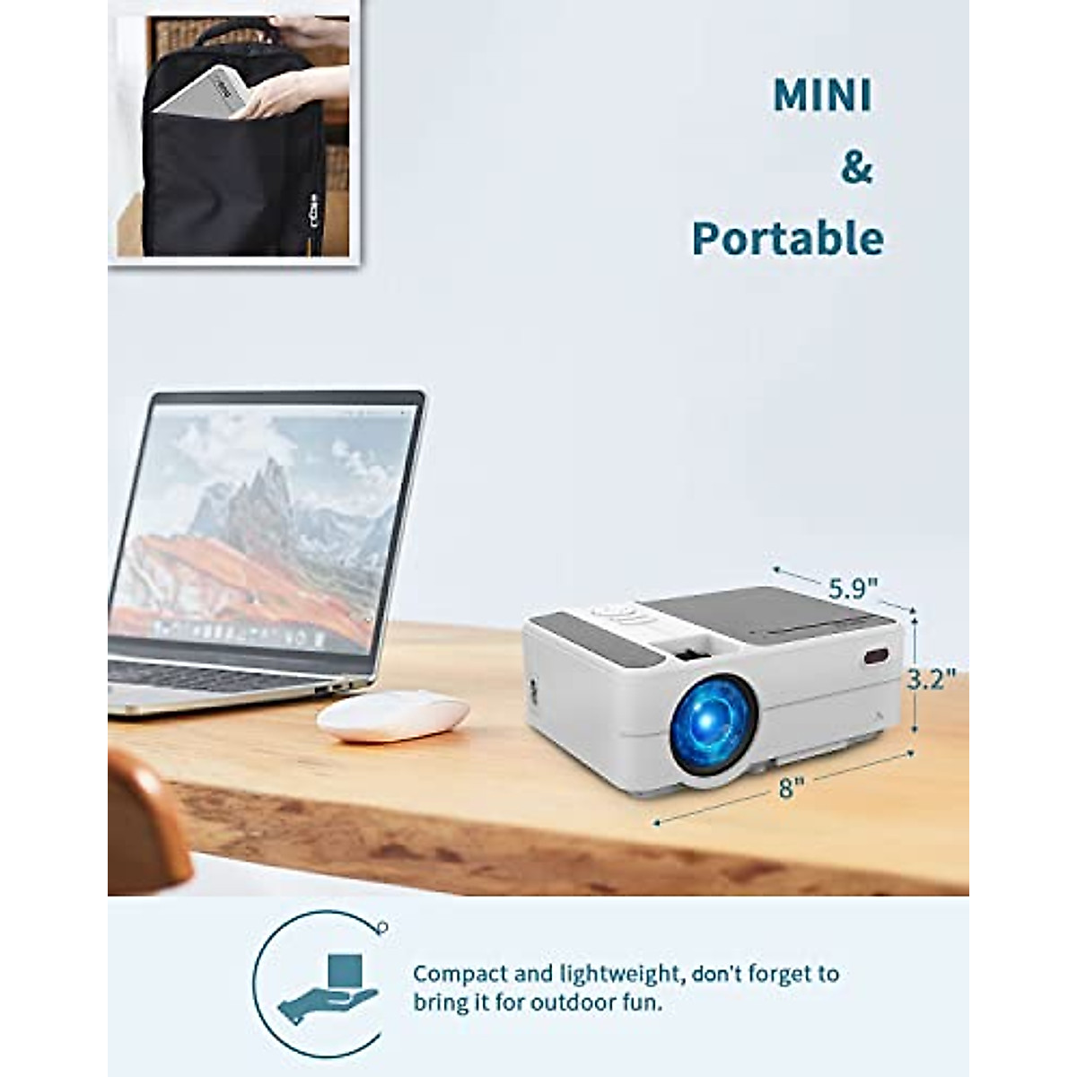 Mini Projector for Outdoor, iOS Android Phone, Wireless HD Projector with WiFi, 1080P YouTube Supported, Portable Video Projector Camping Backyard Movie Nights, Proyector Home Entertainment