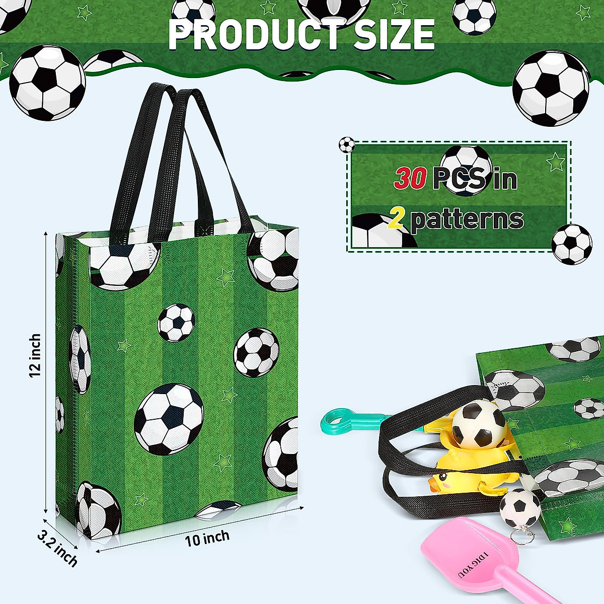 Silkfly 30 Pcs Soccer Gift Bags with Handle Soccer Ball Party Supplies Reusable Soccer Goodie Bags Non Woven Soccer Birthday Party Supplies Goody Bag for Boys Girls, 2 Styles, 10 x 12 Inch