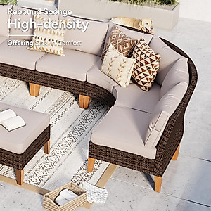 GREEN PARTY 7 Pieces Wicker Patio Furniture Set with 56" Fire Pit Table, All-Weather Outdoor Rattan Patio Half-Moon Curved Sectional Sofa Conversation Set for Garden, Backyard