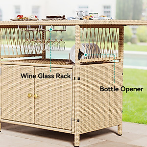YITAHOME XL Outdoor Storage Cabinet Patio Wicker Bar Table w/Plastic Wood Tabletop, Wine Glass Holders and Built-in Bottle Opener, Light Brown
