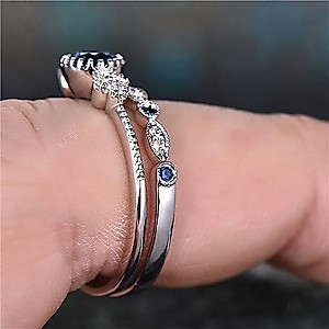 AZQ Fashion 2PCS 925 Sterling Silver Natural Sapphire Ring Round Cut Cubic Zirconia Promise Rings CZ Classical Eternity Engagement Wedding Band Ring Set for Women (US Code 8)
