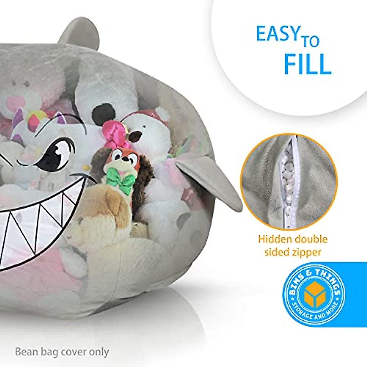 Shark Bean Bag Chair Cover for Kids Ultra-Soft and Fluffy Fur-Like Cover for Kids Bean Bag Chair, Stuffed Animal Storage - Shark Room Decor for Boys, Bean Bags for Kids