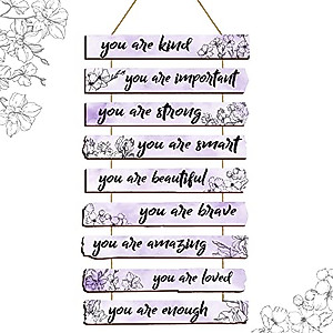 One Set of 9 Pieces Inspirational Floral Wall Decors You Are Amazing Beautiful Loved Quotes Sign Wall Art Decors Wooden Hanging Wall Art Positive Home Decors for Girls Women Bedroom (Light Purple)