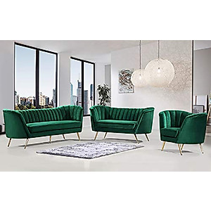 Meridian Furniture Margo Collection Modern | Contemporary Velvet Upholstered Sofa with Deep Channel Tufting and Rich Gold Stainless Steel Legs, Green, 88" W x 30" D x 33" H
