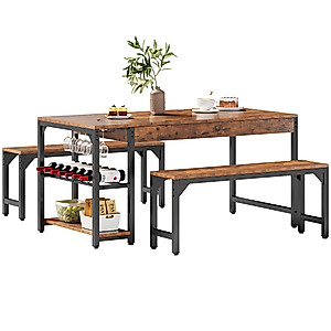 YITAHOME 63" 3 Piece Kitchen Dining Table Set for 4 with Bench & Storage, Farmhouse Rectangle Dining Room Dinner Table with Wine & Glass Holder for Space Saving, Rustic Brown