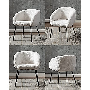 DUOMAY Modern Faux Fur White Barrel Dining Chair, Upholstered Accent Side Chair Makeup Vanity Chair with Back Living Room Leisure Chair with Black Metal Legs for Bedroom Dining Room