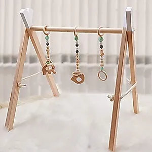 Wooden Baby Gym with 4 Baby Sensory Toys Foldable Baby Play Activity Gym Frame Hanging Bar Newborn Gift