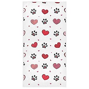 Vdsrup Dog Paws Love Hearts Hand Towels Valentine's Day Bathroom Theme Towel Soft Bath Guest Face Towel Absorbent Kitchen Tea Dish Towels Washcloths 16 X 30 in