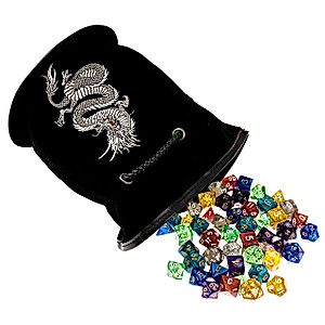Large Dice Bag with 7 Complete Dice Sets | Dragon DND Dice Bag and 49 Polyhedral Dice | Black Dice Bag with Pockets