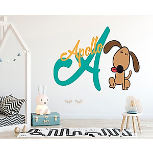 Custom Name and Initial Puppy Wall Decal - Dog Wall Art Decor for Nursery Bedroom playroom Decoration (Wide 40"x23" Height)