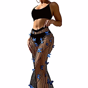 MakeMeChic Women's 3 Piece Swimsuit Full Coverage Bikini Set with Butterfly Cover Up Pants Black Blue M