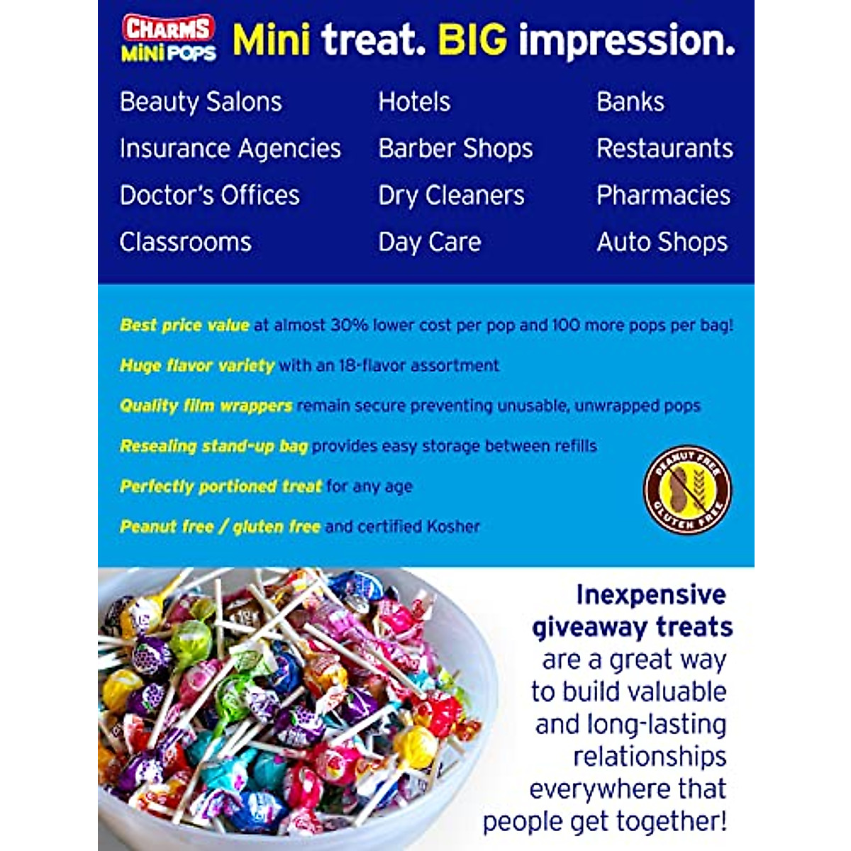 Tootsie Roll Charms Mini Pops, 18 Flavors,5 pounds, 400 Count Individually Wrapped, Peanut-Free Lollipops