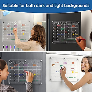 Acrylic Magnetic Calendar for Fridge, Clear Dry Erase Board Reusable Planning Set, Includes 8 Colorful Markers,Magnetic Pen Holder and Erase Towel (Monthly Planner+Weekly Planner)