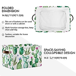 Rectangular Storage Bin Cube Cactus Succulent Floral Foldable Organizer Basket with Handles, Tropical Leaves Flower Collapsible Storage Box for Kids Toy Shelf Closet Nursery