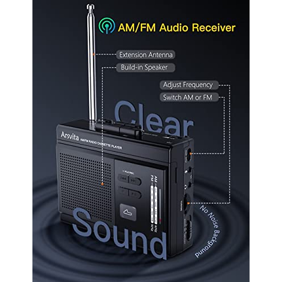 Arsvita Portable Cassette Player and Recorder, Cassette to MP3 Digital Converter, AM/FM Radio Tape Walkman, Support 4-32G Micro SD Card, Build-in Speaker and Microphone, Black