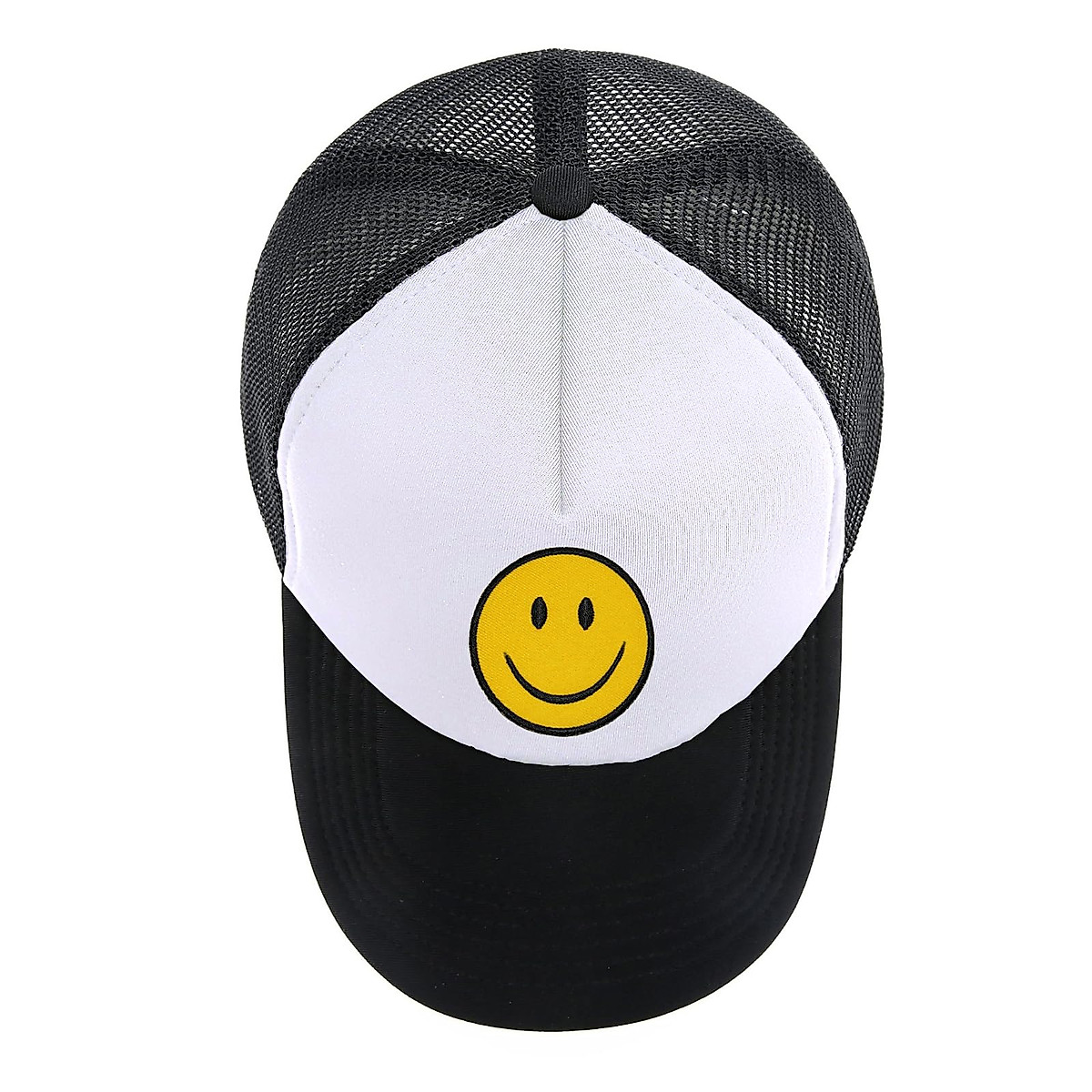 lycycse Smile Face Trucker Hat Retro Mesh Baseball Cap with Smile Patch Foam Neon High Crown Y2K Hats for Men Women (Black)