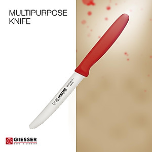 Giesser since 1776, Made in Germany, Red serrated Utility kitchen knives round tip dishwasher safe 4.5 inch - paring knife, Tomato knife, Steak knife, restaurant knife (Single)