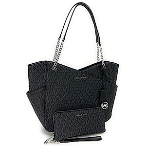 Michael Kors JST Large Chain Shoulder Tote JST Continental Wristlet (Black Signature)