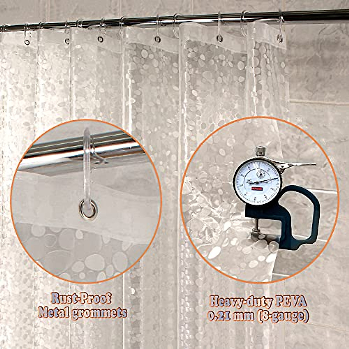 VENICE COLLECTIONS Shower Curtain Liner 3D Semi Transparent Heavy 8G Thick PEVA Waterproof Plastic Metal Grommets and Weighted Magnets 70 x 72 inches with Hooks Pebble Clear