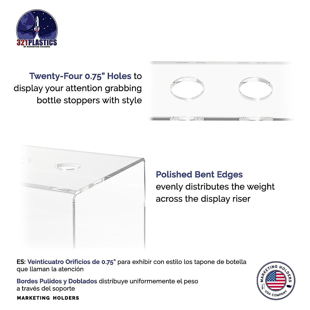 Marketing Holders Wine Bottle Topper Liquor Pourer Display Stand Multi Level 24 Slot Rack with .75 Inch Wide Holes Clear Acrylic Riser 11.5" Wide by 10" Deep Retail Countertop Showcase