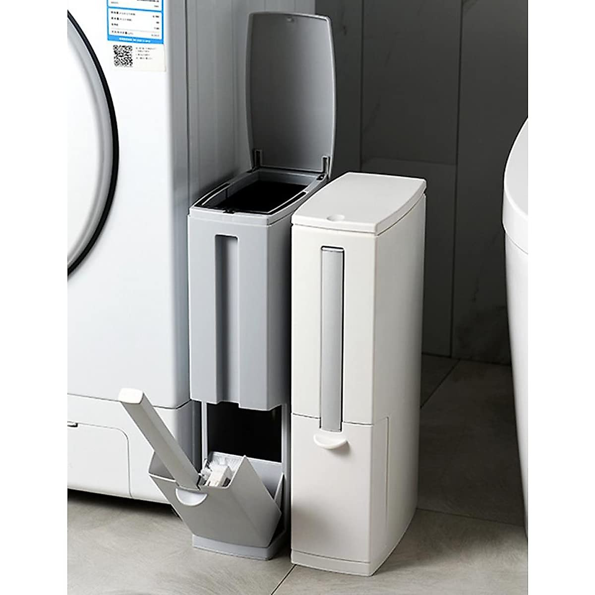 COMODID Slim Bathroom Trash Can with pop-up Lid, 3 in1 Trash can with Brush&Holder,for RV, 5 Liter Garbage Can with Press Top Lid, White Rectangular Modern Waste Can for Bathroom, Grey