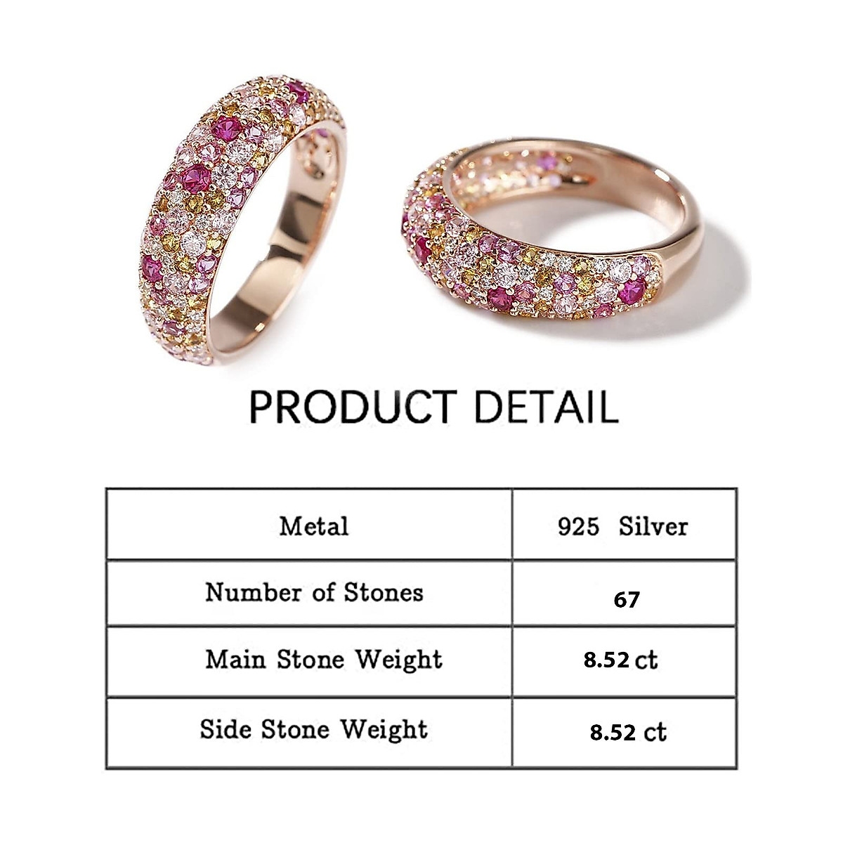 Jeulia Eternity Ring Wedding Band Multi-color Stones Sterling Silver Rose Gold Plated Cubic Zirconia Double Row Jewelry for Women Engagement Bridal Sets Anniversary Promise with Gift Box (Pink, 9)