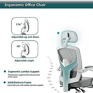 Sweetcrispy Ergonomic Lumbar Pillow and Retractable Footrest, Swivel Rolling Padded Armrests Headrest Height Adjustable Home Office, High Back Reclining Mesh Chair, Light Grey