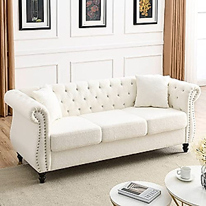 WILLIAMSPACE 80" Chesterfield Sofa Teddy White for Living Room, 3 Seater Sofa Tufted Couch with Two Pillows, Rolled Arms and Nailhead for Living Room, Bedroom, Office, Apartment - White