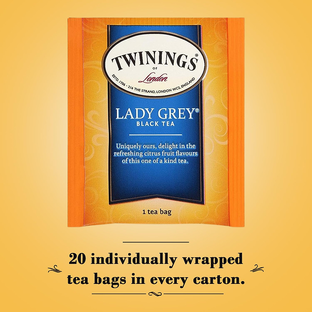 Twinings Lady Grey Tea - A Fresh, Uplifting Black Tea with Orange Peel, Lemon Peel, and Natural Citrus Flavours, Caffeinated Tea Bags, Individually Wrapped, 20 Count (Pack of 3)