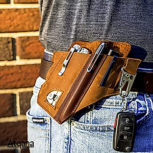 Atqana Multitool Sheath for Belt - EDC Pocket Organizer | Leatherman Holster | Leather Multitool Pouch with Pen Holder, Flashlight Sheath and Key Fob Clip | Handmade Leather EDC Organizer (Brown)