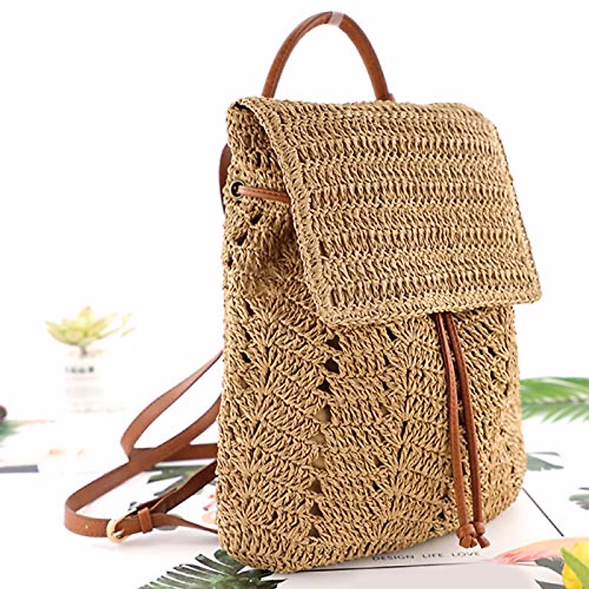 Fashion Women Girls Mini Travel Backpack Woven Straw Backpack Straw Crossbody Shoulder Bag(Brown)