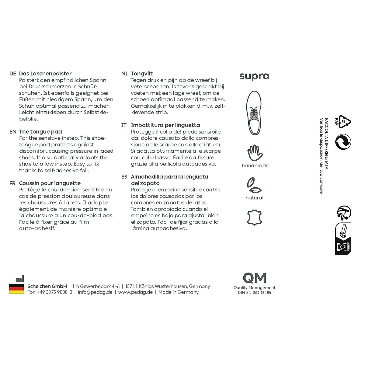 pedag Supra | German Handmade Shoe Tongue Pads | Soft Suede Leather and Memory Foam Shoe Padding | Solves Loose Shoes Problem | 1 Pair, Large/X-Large Size