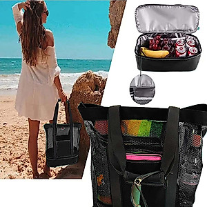 Multi-Function Picnic Thermal Preservation Bag Beach Bag Double-Layer Thermal Insulation Mesh Zipper Beach Picnic Bag (Black, 20inch x 16inch x 6inch )