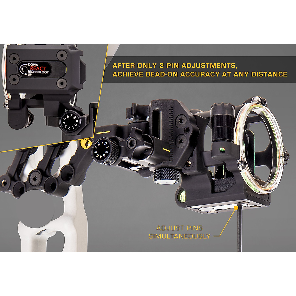 Trophy Ridge React V5 Archery Bow Sight - 5 Vertical Pins, Tool Less Windage and Elevation Adjustability, 2nd Axis Leveling, Adjustable Click Light, Right Hand, 0.019 Pin