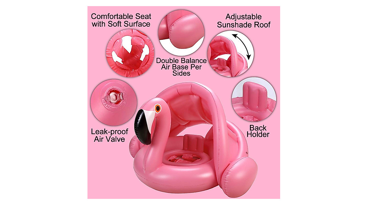 Inflatable Flamingo Baby Pool Float with Sunshade for Kids 8-36 Months