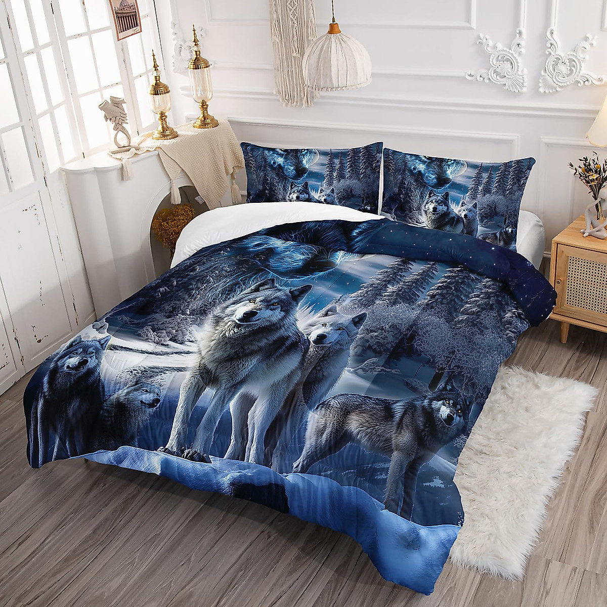 AILONEN Boys Bedding Set Wolf Printed Comforter Set,Snow Wolf Comforter Sets Queen Size,Animals Wolf Duvet Set for Boys Adult Room Decor,3Pcs Safari Wolves Duvet Set, 1 Quilt and 2 Pillowcases