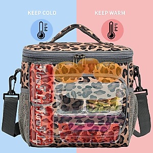 FlowFly Insulated Reusable Lunch Bag Adult Large Lunch Box for Women and Men with Adjustable Shoulder Strap,Front Zipper Pocket and Dual Large Mesh Side Pockets, Leopard