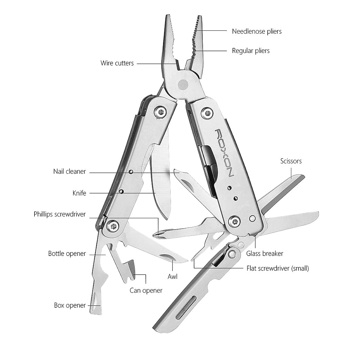 ROXON M2 14 in 1 Mini Multitool Small Lightweight with Folding Scissors Mini Storm With 9pc Bits Set + Holder Multi Tool