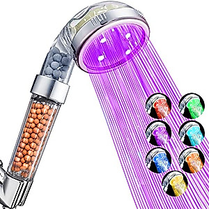 Nosame® Led Shower Head, Filter Filtration High Pressure Water Saving 7 Colors Automatically No Batteries Needed Spray Handheld Showerheads 1.6 GPM for Dry Skin & Hair