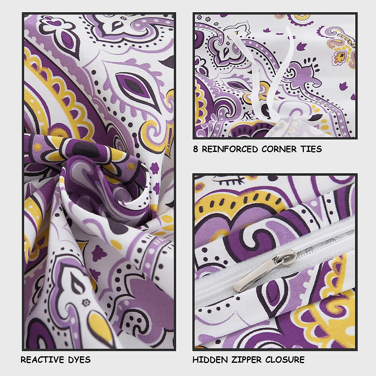 Bedduvit 100% Cotton Duvet Cover Queen Size - Purple Damask Queen Duvet Cover Set, Soft Cozy Paisley Pattern All Season Bedding Comforter Sets with Zipper Closure & 8 Ties (90"x90")