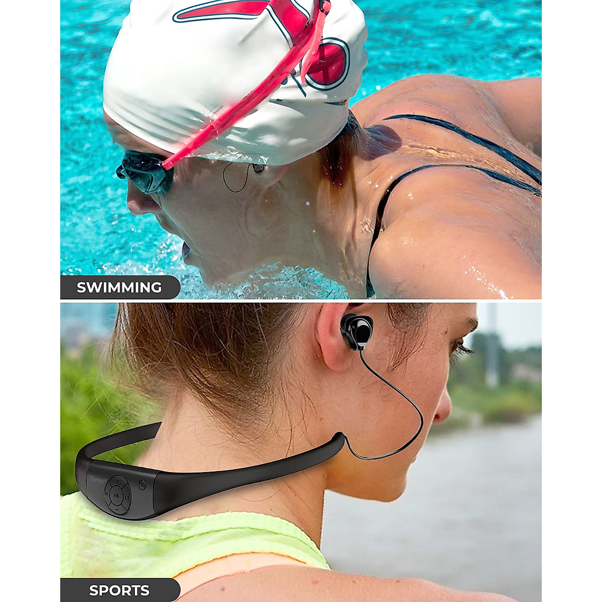 Tayogo Waterproof Mp3 Player for Swimming, IPX8 8GB Swimming Headset, Silicone Coated Waterproof Music Player, 20H Playing time, Underwater Mp3 Player Perfect for Swimming (Black（2nd Generation）)